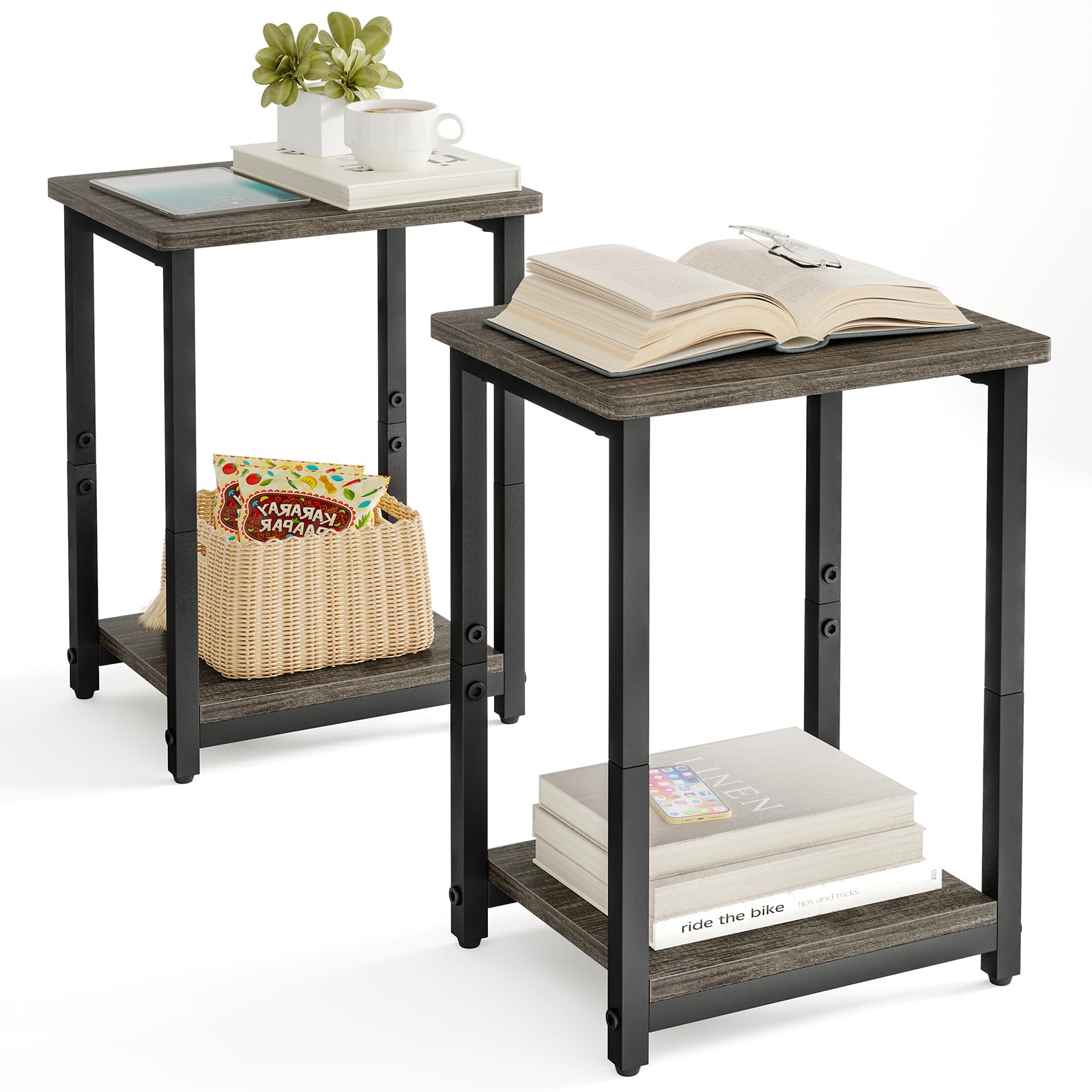 Fixwal Side Tables Set of 2, 2-Tier Small End Table Sofa Table Nightstand Bedside Table for Living Room, Bedroom, Office, Grey and Black