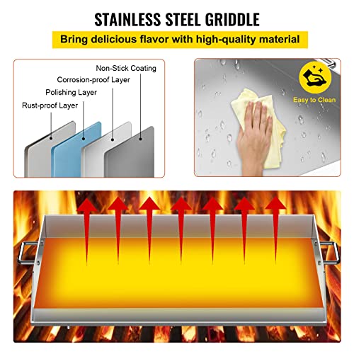 VEVOR Stainless Steel Griddle,36" x 22" Universal Flat Top Rectangular Plate, BBQ Charcoal/Gas Non-Stick Grill with 2 Handles and Grease Groove with Hole,Grills for Camping, Tailgating and Parties