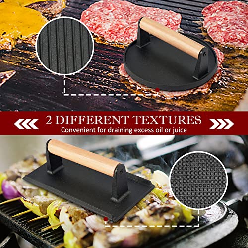 HaSteeL 2Pcs Cast Iron Bacon Press, Smash Burger Press for Teppanyaki Flat Top Griddle, Heavy Duty Round 7In & Rectangular 8x4In Grill Press, Perfect for BBQ Meat, Paninis, Tortilla, Steak, Sandwich
