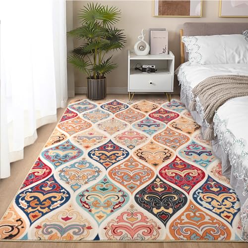 Ompaa Moroccan Bedroom Area Rug Washable Carpet, 4x6 Geometric Rug for Living Room Indoor Nonslip, Colorful Vintage Dining Rugs for Under Table Dorm Kids Playroom Decor, Cream/Multi