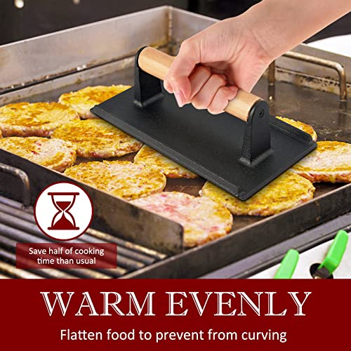HaSteeL 2Pcs Cast Iron Bacon Press, Smash Burger Press for Teppanyaki Flat Top Griddle, Heavy Duty Round 7In & Rectangular 8x4In Grill Press, Perfect for BBQ Meat, Paninis, Tortilla, Steak, Sandwich