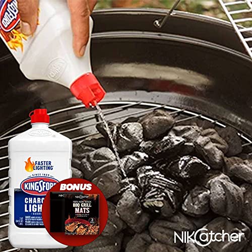 Kingsford Charcoal Lighter Fluid 64Oz with 3Pack NikCatcher Heavy Duty BBQ Grill Mats for Outdoor Grill - Non Stick, Reusable, and Easy to Clean
