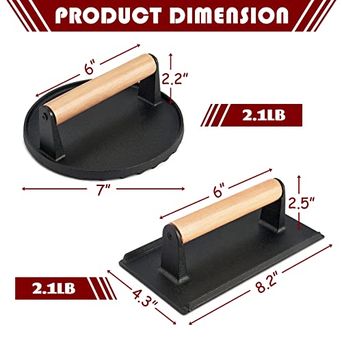 HaSteeL 2Pcs Cast Iron Bacon Press, Smash Burger Press for Teppanyaki Flat Top Griddle, Heavy Duty Round 7In & Rectangular 8x4In Grill Press, Perfect for BBQ Meat, Paninis, Tortilla, Steak, Sandwich