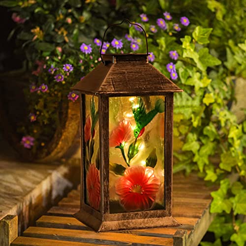 Outdoor Solar Lantern Hanging Hummingbird Lanterns Decorative Metal Garden Lights Solar Powered Waterproof Glass Lamp with 20 Led Lights for Patio Tabletop Yard Pathway