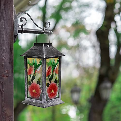 Outdoor Solar Lantern Hanging Hummingbird Lanterns Decorative Metal Garden Lights Solar Powered Waterproof Glass Lamp with 20 Led Lights for Patio Tabletop Yard Pathway