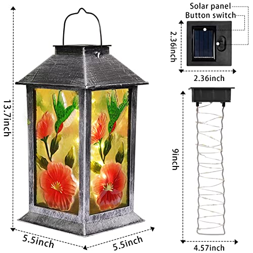 Outdoor Solar Lantern Hanging Hummingbird Lanterns Decorative Metal Garden Lights Solar Powered Waterproof Glass Lamp with 20 Led Lights for Patio Tabletop Yard Pathway