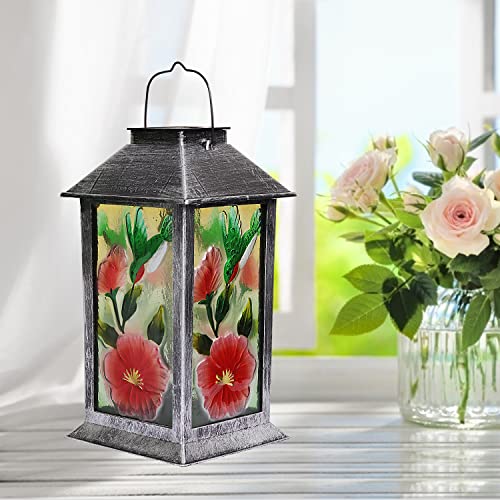 Outdoor Solar Lantern Hanging Hummingbird Lanterns Decorative Metal Garden Lights Solar Powered Waterproof Glass Lamp with 20 Led Lights for Patio Tabletop Yard Pathway