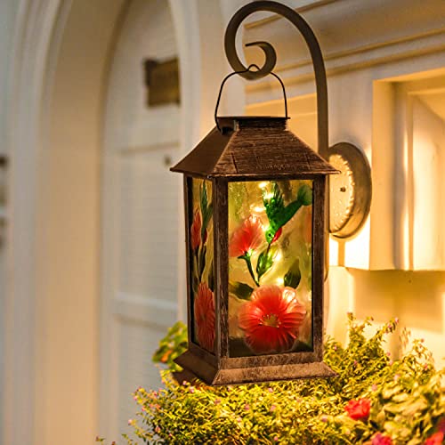 Outdoor Solar Lantern Hanging Hummingbird Lanterns Decorative Metal Garden Lights Solar Powered Waterproof Glass Lamp with 20 Led Lights for Patio Tabletop Yard Pathway