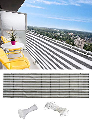 ALXFFBN Shade Cloth, 16.4x2.9ft Striped Mesh Fence Balcony Privacy Screen Fencing Windscreen with 43ft Rope and 24 Cable Zip Ties for Outdoor Yard Wall Garden Backyard