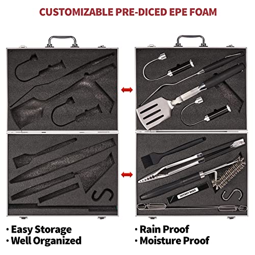 BBQ Grill Tools Set Grilling Accessories -Deluxe Birthday Gifts for Dad or Men,19 Pcs Stainless Steel Grill Kits with Large Brushed Aluminnum Case, 18β Professional Barbecue Utensils for Outdoor Grill