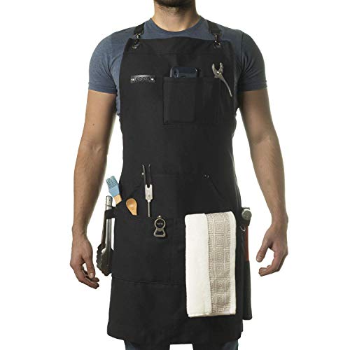 Asaya Chef, BBQ and Work Apron with Bottle Opener and Hand Towel - Durable 10oz Cotton Canvas, Brass Hardware and Cross Back Straps - For Men, Women, Grilling, and Cooking (Black)
