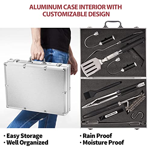 BBQ Grill Tools Set Grilling Accessories -Deluxe Birthday Gifts for Dad or Men,19 Pcs Stainless Steel Grill Kits with Large Brushed Aluminnum Case, 18β Professional Barbecue Utensils for Outdoor Grill