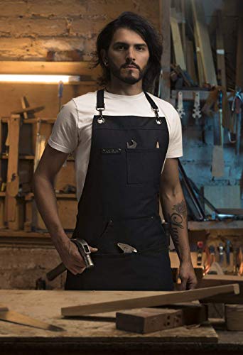Asaya Chef, BBQ and Work Apron with Bottle Opener and Hand Towel - Durable 10oz Cotton Canvas, Brass Hardware and Cross Back Straps - For Men, Women, Grilling, and Cooking (Black)