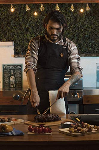 Asaya Chef, BBQ and Work Apron with Bottle Opener and Hand Towel - Durable 10oz Cotton Canvas, Brass Hardware and Cross Back Straps - For Men, Women, Grilling, and Cooking (Black)