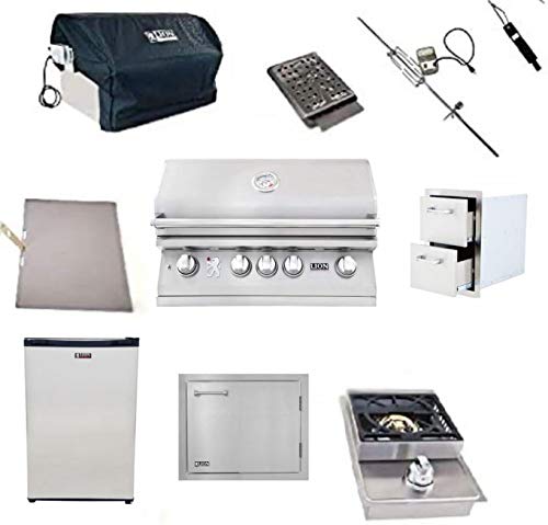 AMS Fireplace AMS Lion 32 Grill Package w Double Access Drawer and Horizontal Single Door and single side burner and Refrigerator | (Natural Gas), Stainless Steel