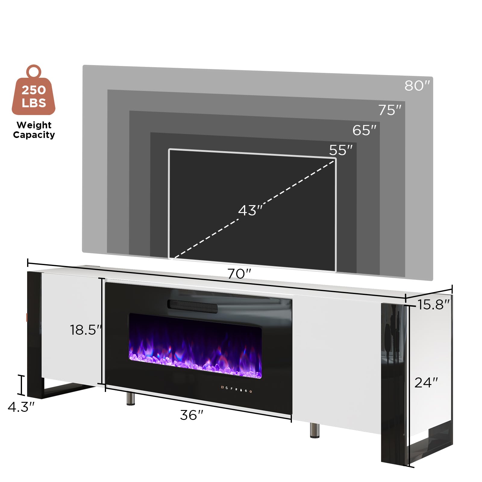 AMERLIFE Fireplace TV Stand with 36" Fireplace, 70" Modern High Gloss Entertainment Center LED Lights, U-Shaped Legs TV Console Cabinet for TVs Up to 80", White