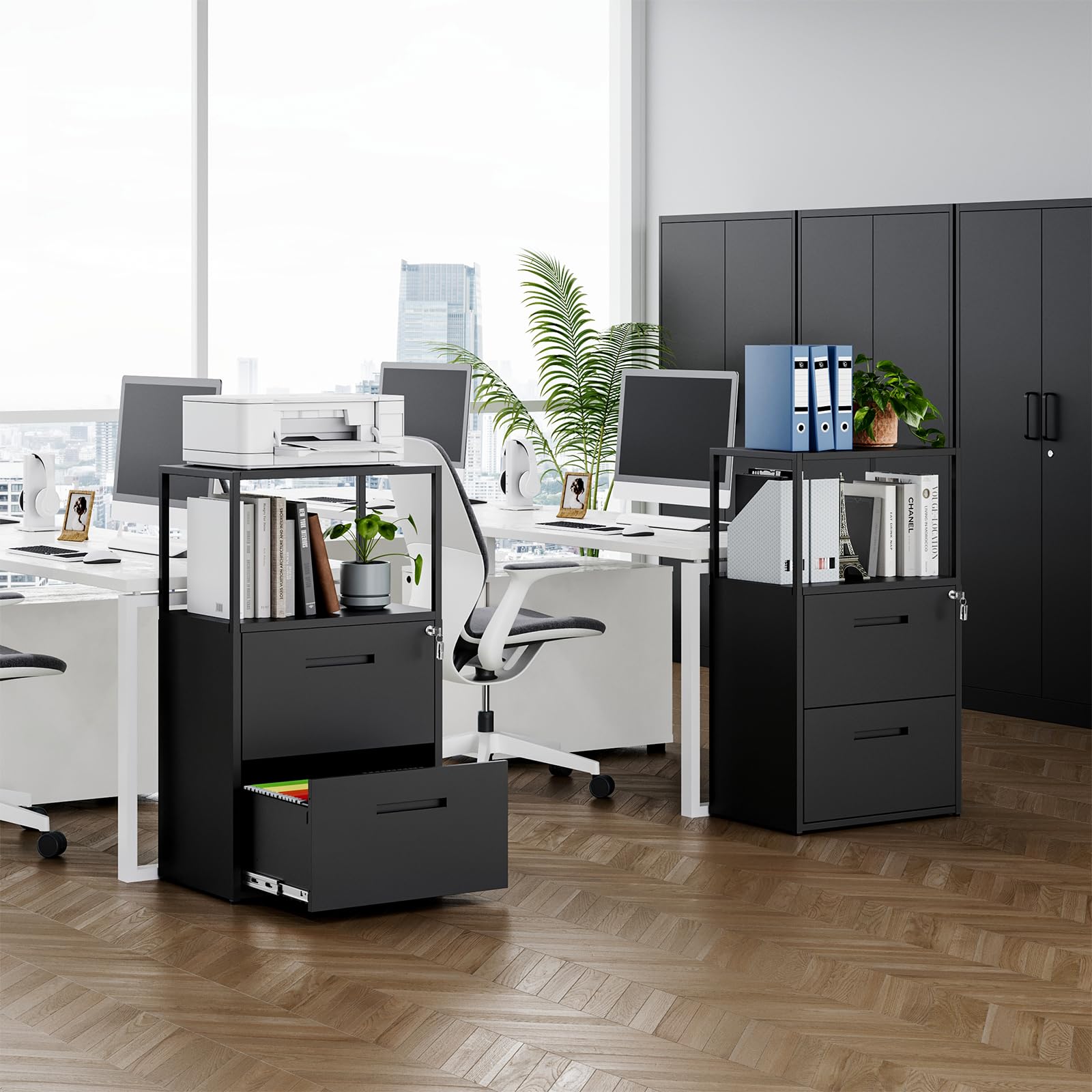 MIIIKO Office File Cabinet with 2 Drawers and Shelf, Metal Vertical Filing Cabinet with Lock, Lateral Two Drawers for Storage Letter/Legal Size File Folders, Top Shelf for Printer Stand