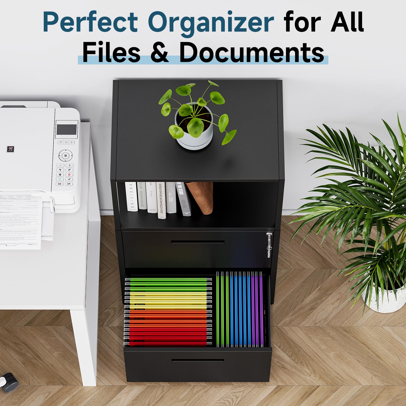 MIIIKO Office File Cabinet with 2 Drawers and Shelf, Metal Vertical Filing Cabinet with Lock, Lateral Two Drawers for Storage Letter/Legal Size File Folders, Top Shelf for Printer Stand