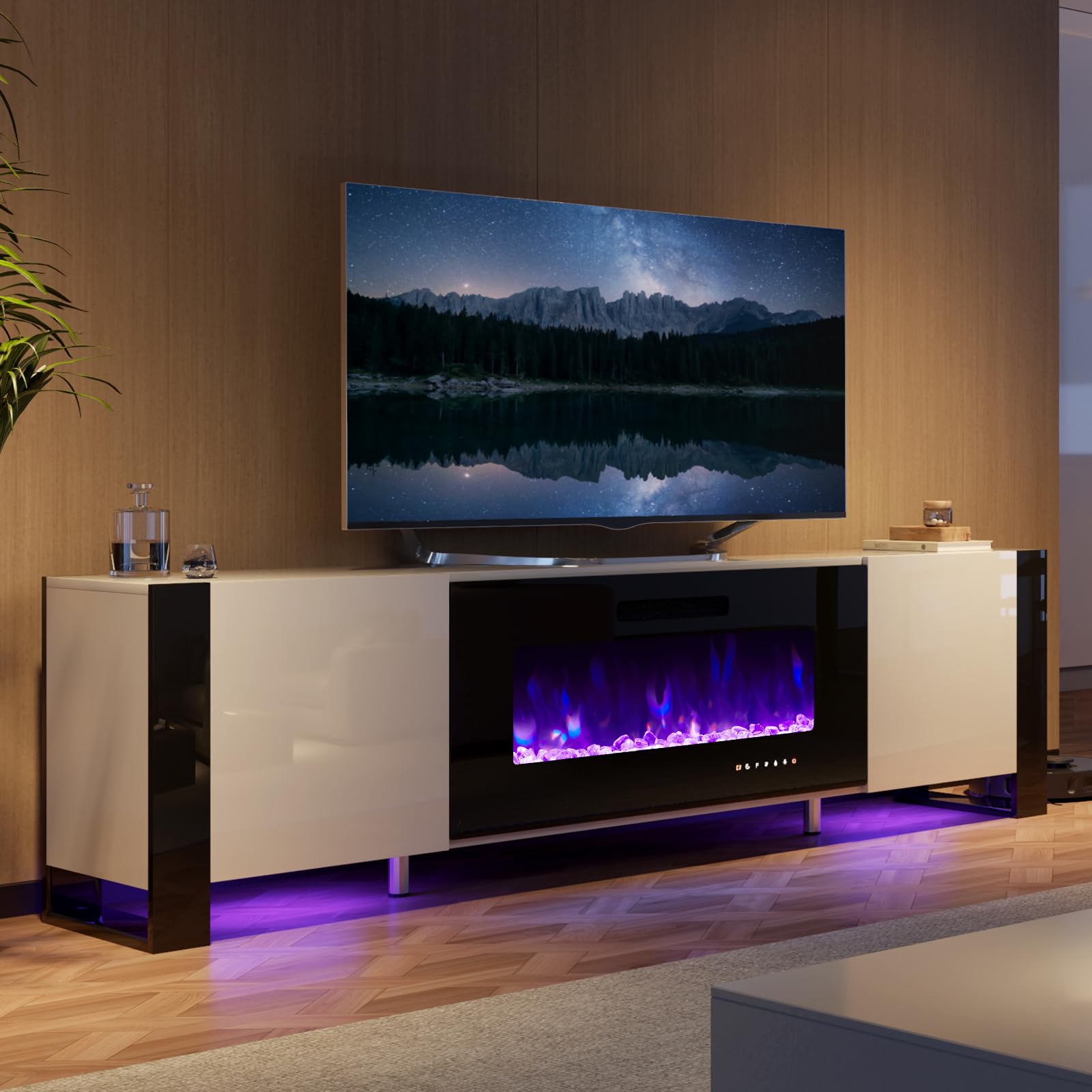 AMERLIFE Fireplace TV Stand with 36" Fireplace, 70" Modern High Gloss Entertainment Center LED Lights, U-Shaped Legs TV Console Cabinet for TVs Up to 80", White