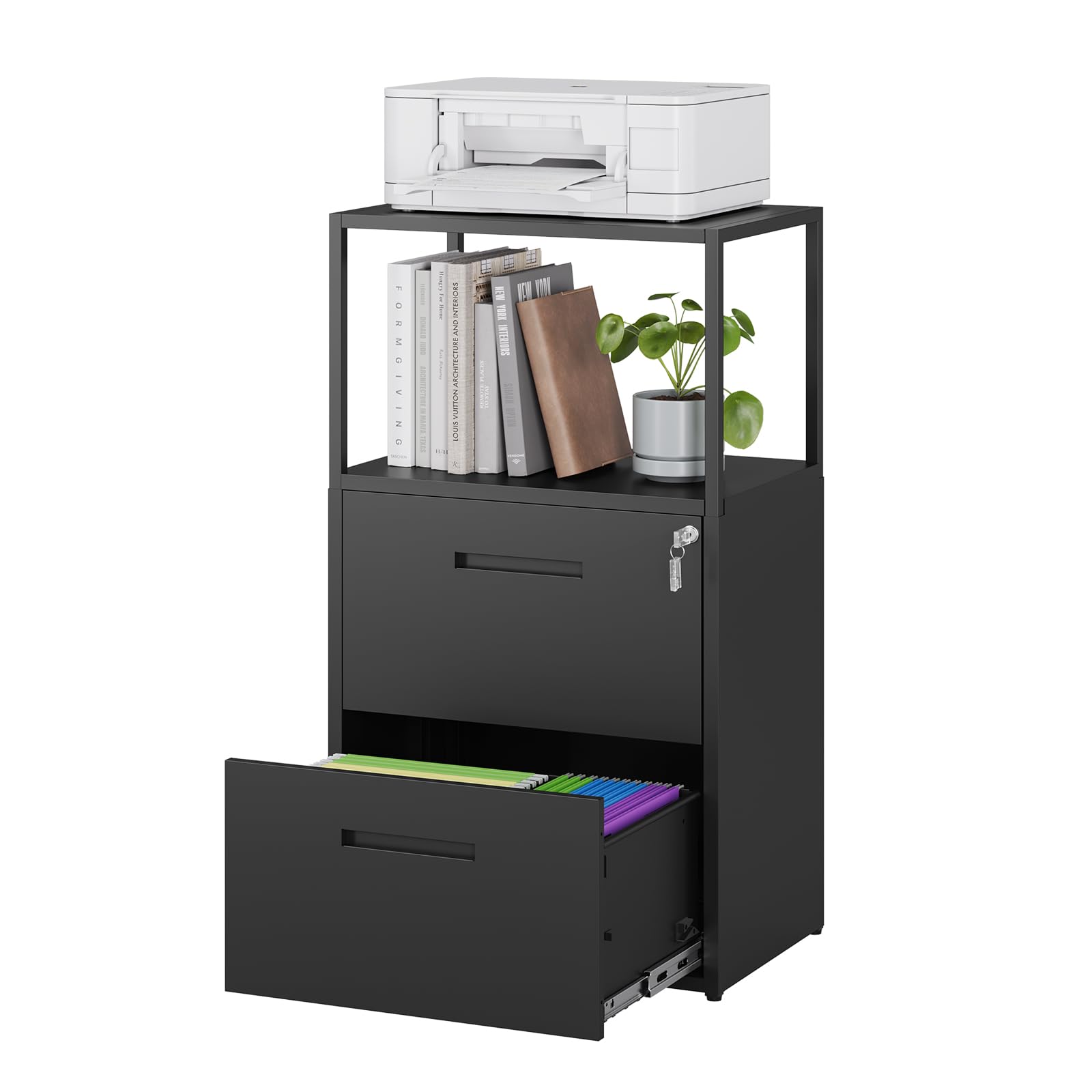 MIIIKO Office File Cabinet with 2 Drawers and Shelf, Metal Vertical Filing Cabinet with Lock, Lateral Two Drawers for Storage Letter/Legal Size File Folders, Top Shelf for Printer Stand