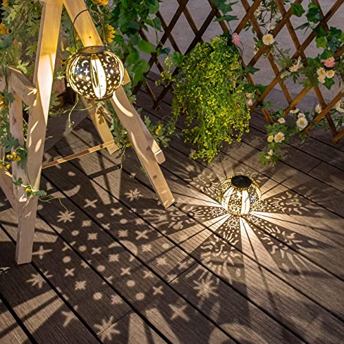 Tryme Solar Lanterns Outdoor Waterproof Moon Star Sun Hanging Solar Garden Lanterns Lights with Handle Patio Decorations for Table Yard (Bronze and Silver)
