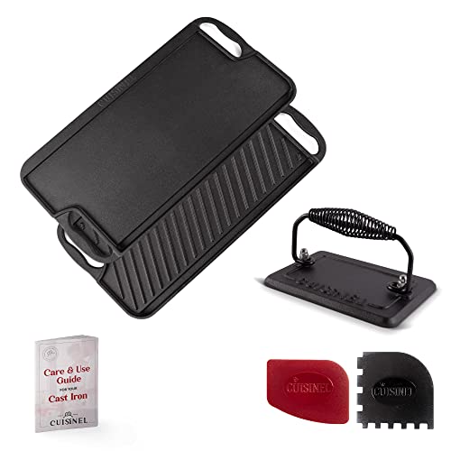 Cast Iron Griddle / Grill + Burger Press + Pan Scrapers - Reversible Pre-Seasoned 20" X 10"-inch Dual Handle Flat Skillet and Griller Pan + Cleaning Accessories - Indoor/Outdoor - UPDATED VERSION