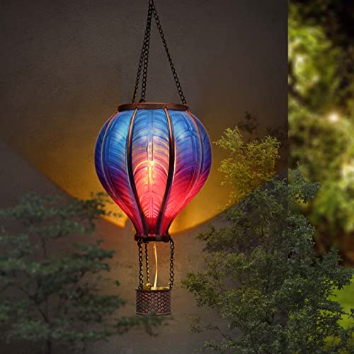 TERESA'S COLLECTIONS 2 Pack 18 Inch Hanging Solar Lantern Outdoor Garden Decor, Waterproof Hot Air Balloon Flame Effect Lantern Decorative Flickering Solar Lights for Lawn Porch Tree Yard Decorations
