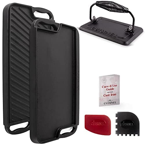 Cast Iron Griddle / Grill + Burger Press + Pan Scrapers - Reversible Pre-Seasoned 20" X 10"-inch Dual Handle Flat Skillet and Griller Pan + Cleaning Accessories - Indoor/Outdoor - UPDATED VERSION