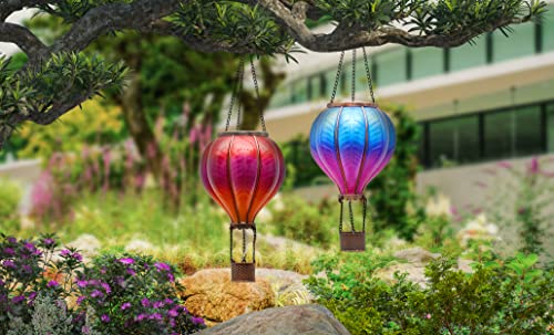 TERESA'S COLLECTIONS 2 Pack 18 Inch Hanging Solar Lantern Outdoor Garden Decor, Waterproof Hot Air Balloon Flame Effect Lantern Decorative Flickering Solar Lights for Lawn Porch Tree Yard Decorations