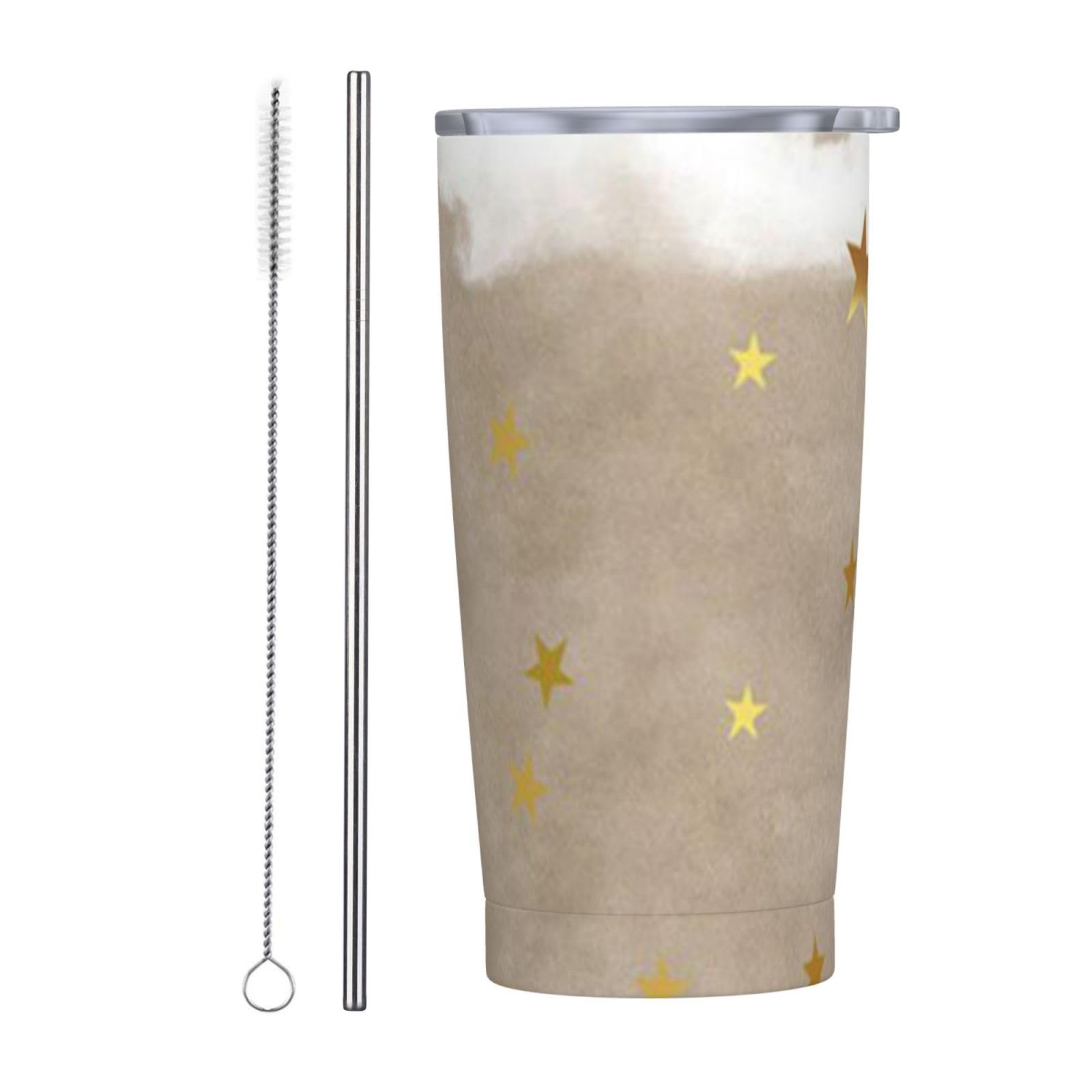 EVANEM 20 Oz Stainless Steel Tumbler With Straw Cleaner White Cloud Gold Stars Printed Insulated Cup Travel Coffee Mug Vacuum Insulated Tumblers For Home Office
