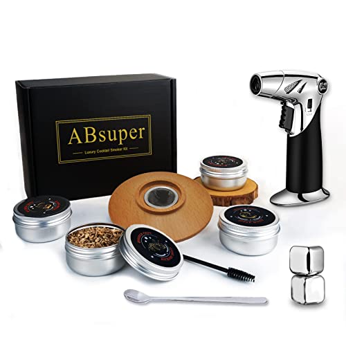 ABsuper Cocktail Smoker Kit with Torch, Old Fashioned Bourbon Whiskey 4 Flavour Wood Chips Gifts for Men, Drink Smoking Infuser Stones Cocktails Lover (No Butane) Black