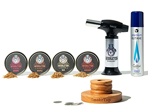 SmokeTop Cocktail Smoker Kit, Torch, 90ML Butane, 4 Pack (Cherry, Hickory, Maple, and Oak) Wood Chips - Cocktail Smoker Kit & Chips