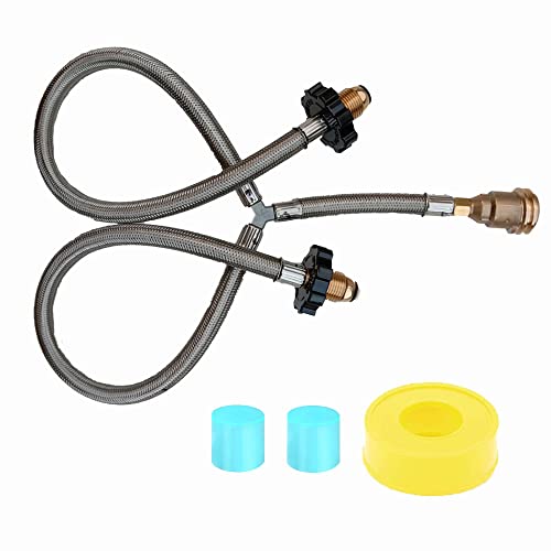 Stainless Braided Propane Y-Splitter Dual Propane Tank Connection Hose Kit,Two Way Propane Splitter with POL Inlet and POL/QCC1 Exit Adapter to Connect 5-100lbs Cylinder Tank for Heater, Grill