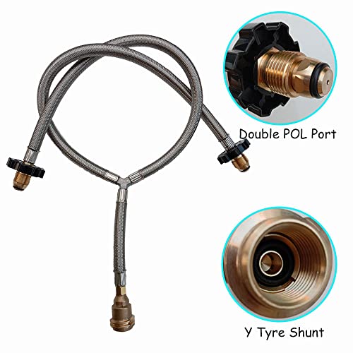 Stainless Braided Propane Y-Splitter Dual Propane Tank Connection Hose Kit,Two Way Propane Splitter with POL Inlet and POL/QCC1 Exit Adapter to Connect 5-100lbs Cylinder Tank for Heater, Grill