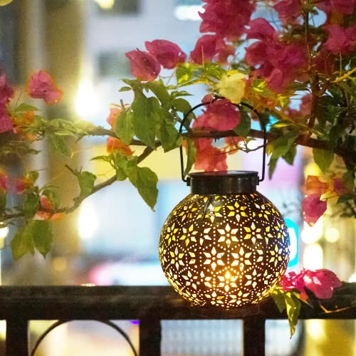 2 Pack Solar Lanterns Outdoor Waterproof Hanging Metal LED Decorative for Patio Garden Courtyard Lawn and Tabletop,Black
