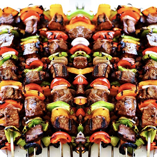 Antallcky 12 Pack Kabob Skewers BBQ Barbecue Skewers Stainless Steel Sticks Heavy Duty Large Wide Reusable with Nonslip Ring Handle Ideal for Shish Kebab Chicken Shrimp and Vegetables (22 inch)