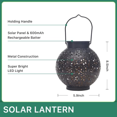 2 Pack Solar Lanterns Outdoor Waterproof Hanging Metal LED Decorative for Patio Garden Courtyard Lawn and Tabletop,Black