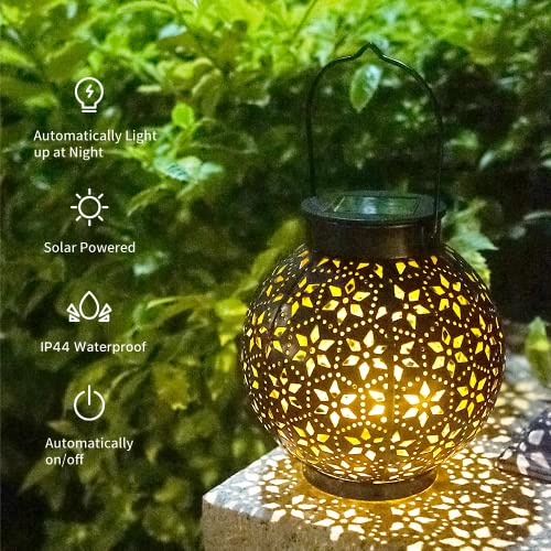 2 Pack Solar Lanterns Outdoor Waterproof Hanging Metal LED Decorative for Patio Garden Courtyard Lawn and Tabletop,Black