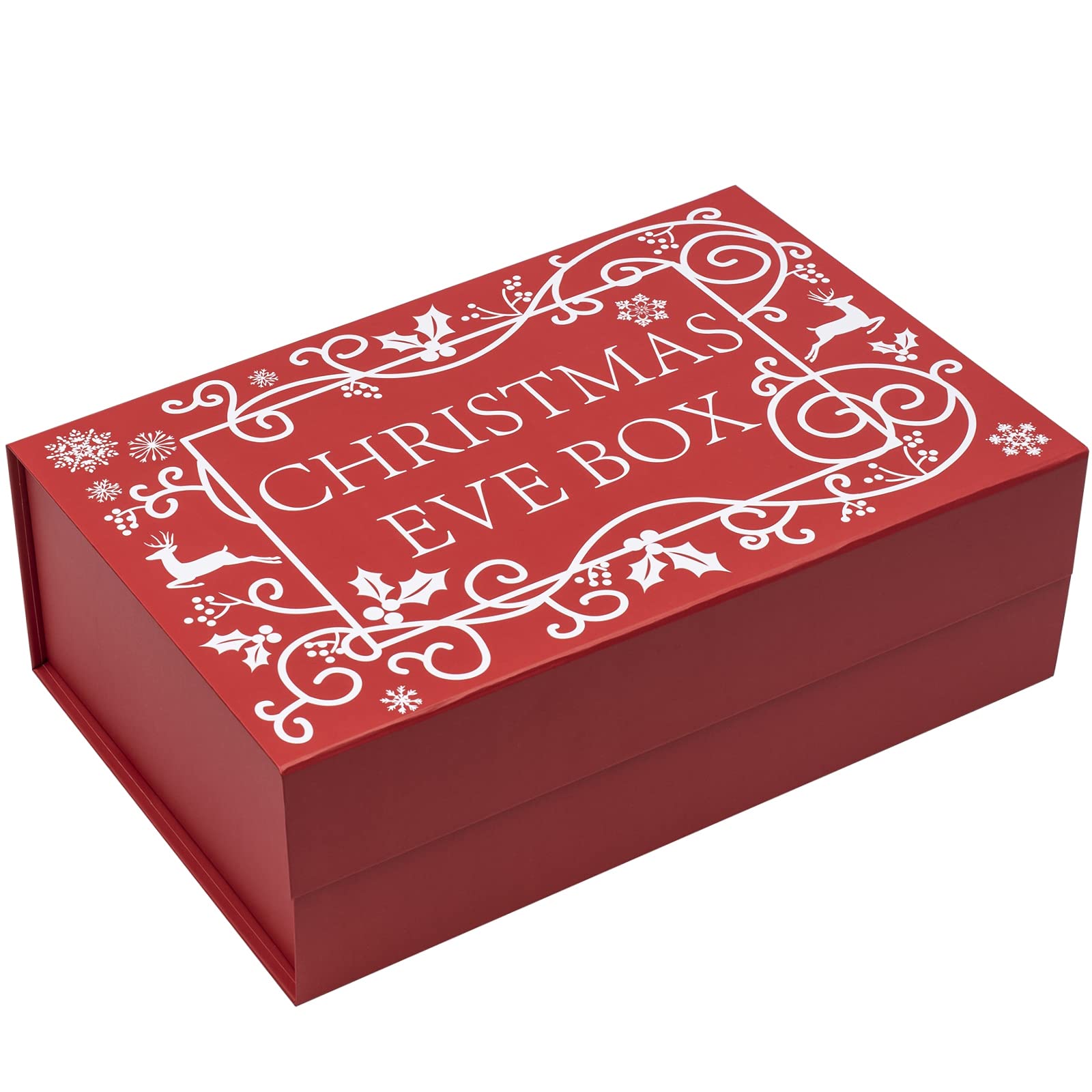 WRAPAHOLIC 1 Pcs Christmas Gift Box with Lid - 13.3 x 9 x 4 Inches Red and White Christmas Eve Box Lettering Design Gift Box, Collapsible Gift Box with Magnetic Closure and 2 Pcs Tissue Paper