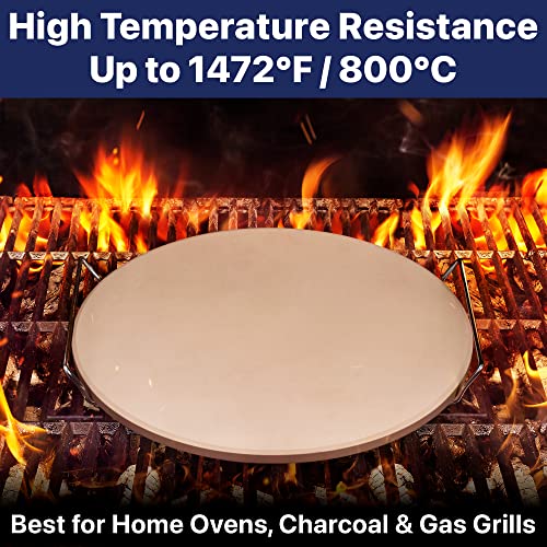 KitchenStar Pizza Stone 16 inch with Handles (Large) - Cordierite Baking Stone Set with Metal Rack & Plastic Scraper - High Temperature Resistant Ceramic Pizza Stones for Oven, Grill or Smoker