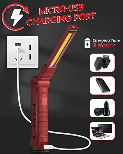 Rechargeable Flashlights, Coquimbo LED Work Lights with Magnetic Base 5 Modes 360° Rotate, Tool Gifts for Men, Dad, Husband, Handyman (2 Pack, Red)