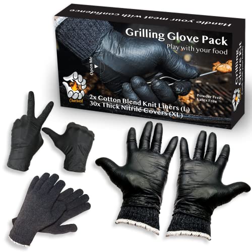 Charbasil Grilling Glove Pack – 30 Nitrile Gloves – 2 Cotton Liners – Disposable Black BBQ Gift – Washable Heat-Resistant Liner – Holiday Birthday Present – Charcoal Wood Gas Cooking Smoking Meat