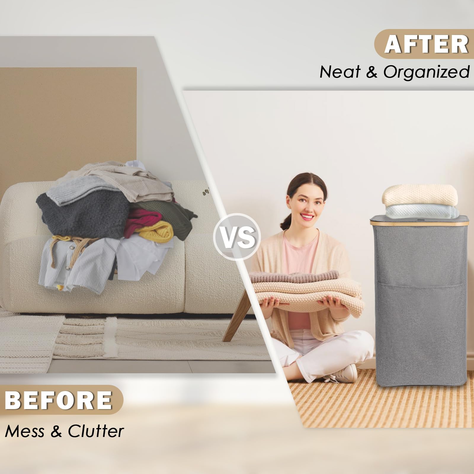 Guzon 100L Laundry Hamper with Lid, Clothes Hampers for Laundry with Bamboo Handles,Large Laundry Basket with Removable Inner Bags for Bedroom, Bathroom and Laundry Room, Dirty Clothes Basket, Grey