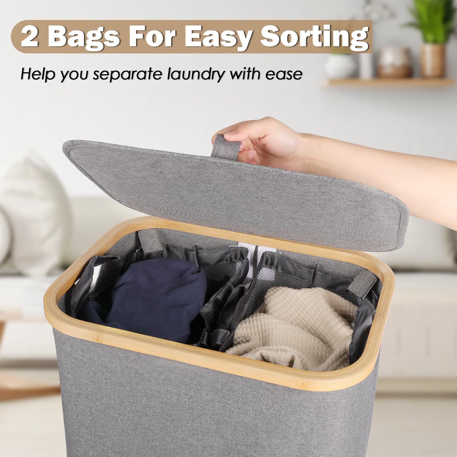 Guzon 100L Laundry Hamper with Lid, Clothes Hampers for Laundry with Bamboo Handles,Large Laundry Basket with Removable Inner Bags for Bedroom, Bathroom and Laundry Room, Dirty Clothes Basket, Grey