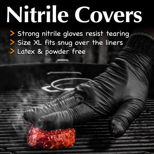 Charbasil Grilling Glove Pack – 30 Nitrile Gloves – 2 Cotton Liners – Disposable Black BBQ Gift – Washable Heat-Resistant Liner – Holiday Birthday Present – Charcoal Wood Gas Cooking Smoking Meat