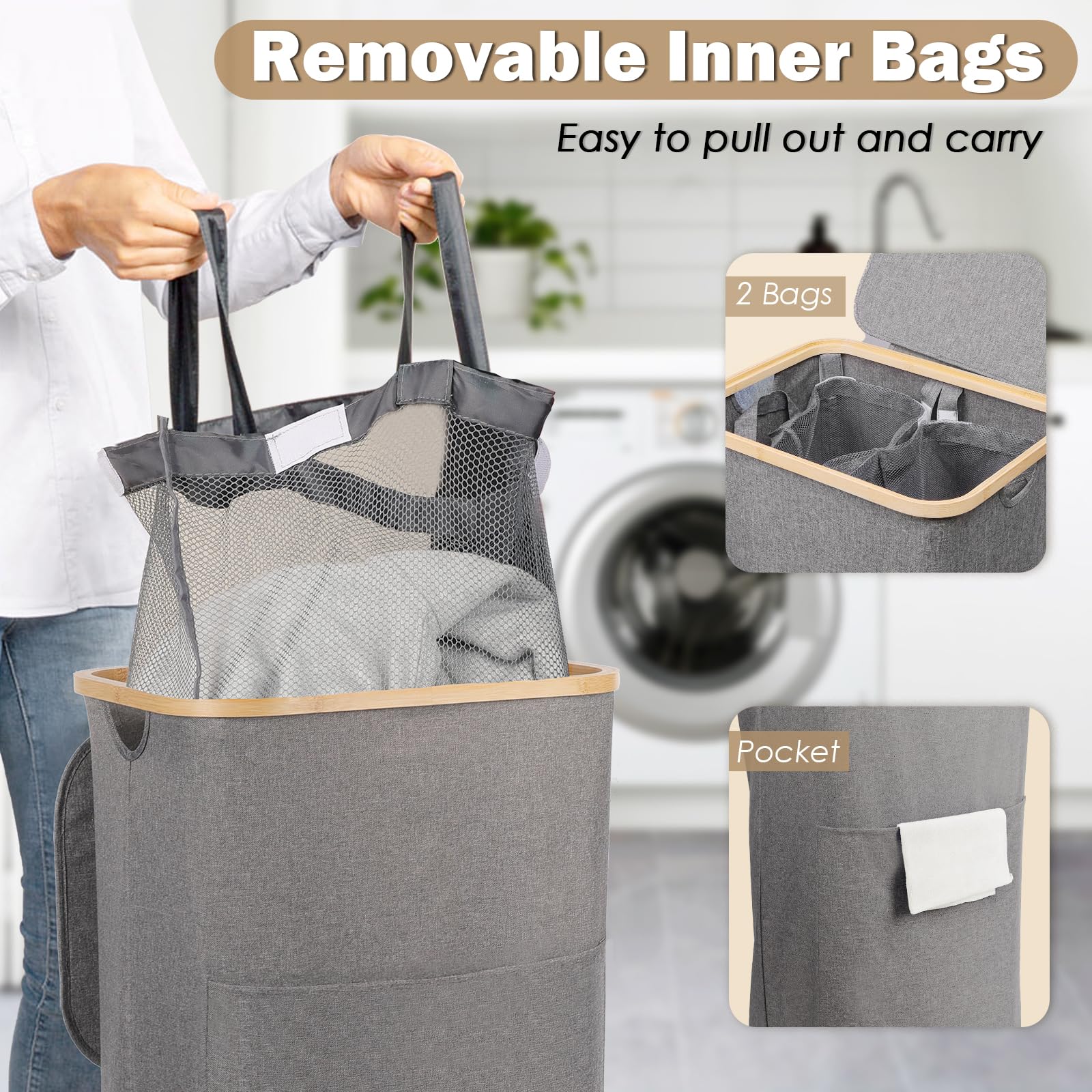 Guzon 100L Laundry Hamper with Lid, Clothes Hampers for Laundry with Bamboo Handles,Large Laundry Basket with Removable Inner Bags for Bedroom, Bathroom and Laundry Room, Dirty Clothes Basket, Grey