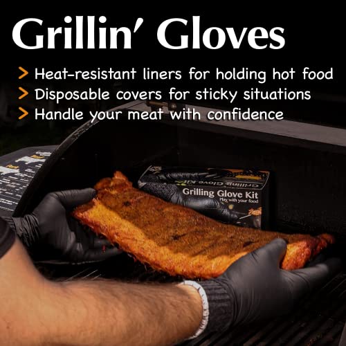 Charbasil Grilling Glove Pack – 30 Nitrile Gloves – 2 Cotton Liners – Disposable Black BBQ Gift – Washable Heat-Resistant Liner – Holiday Birthday Present – Charcoal Wood Gas Cooking Smoking Meat