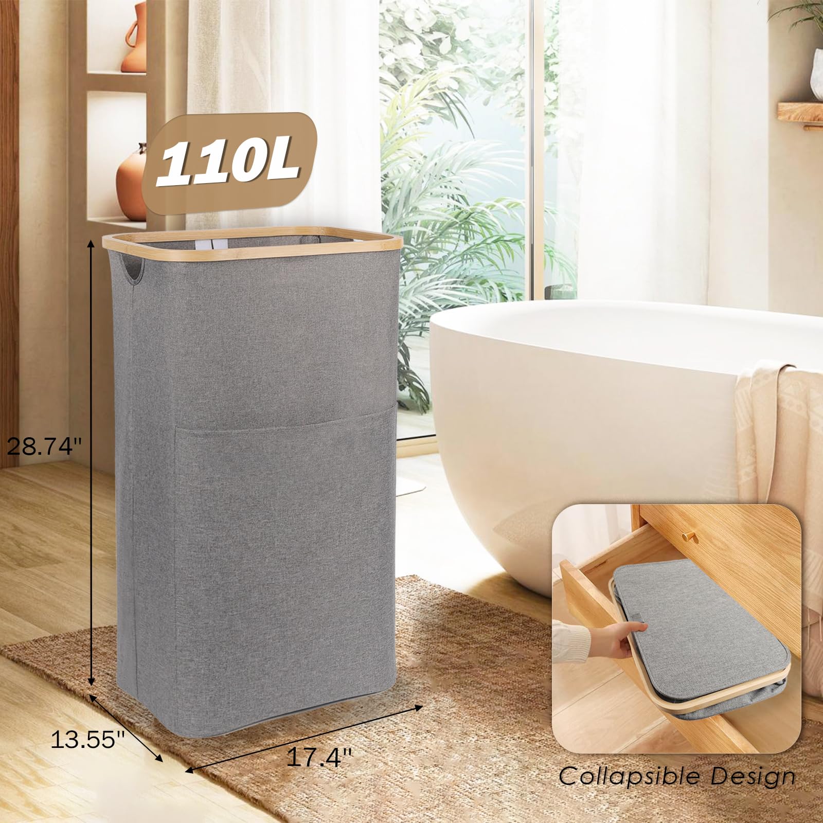 Guzon 100L Laundry Hamper with Lid, Clothes Hampers for Laundry with Bamboo Handles,Large Laundry Basket with Removable Inner Bags for Bedroom, Bathroom and Laundry Room, Dirty Clothes Basket, Grey