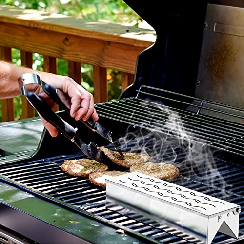 Skyflame Stainless Steel Smoker Box with Canister Can, Double V-Shape BBQ Wood Chips Smoky Box Designed by Wavy Vent and Hinged Lid, 12โ Compact Size for Gas/Charcoal Grill Kebob Smoky Grilling