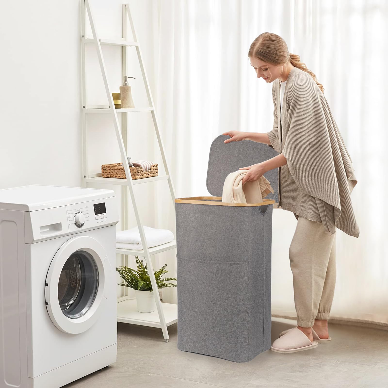 Guzon 100L Laundry Hamper with Lid, Clothes Hampers for Laundry with Bamboo Handles,Large Laundry Basket with Removable Inner Bags for Bedroom, Bathroom and Laundry Room, Dirty Clothes Basket, Grey